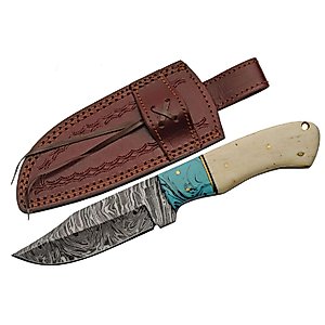 Szco Supplies 8.5" Damascus Steel Bone Handle Hunting Knife with Sheath, White/Turquoise (DM-1275)