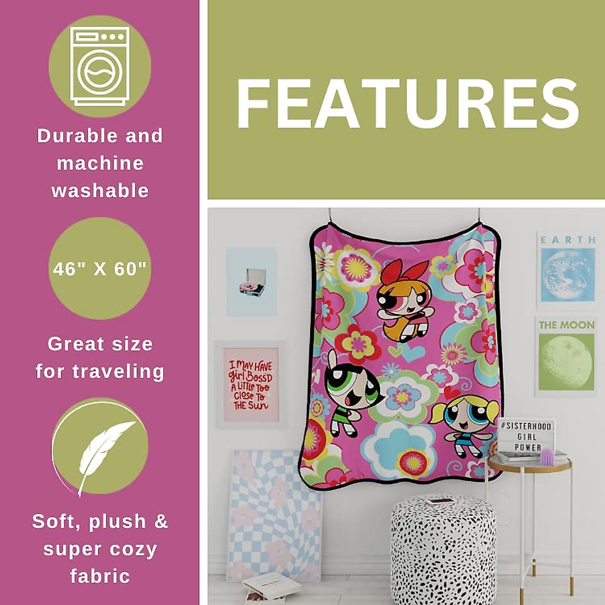 Franco Power Puff Girls Bedding Super Soft Micro Raschel Throw, 46 in x 60 in, (Official Licensed Power Puff Girls Product) Collectibles