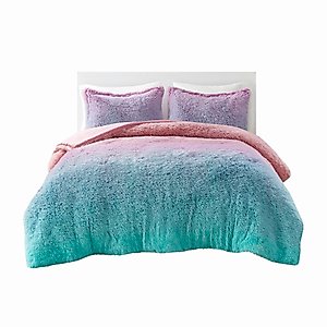 Mi Zone Soft Faux Fur Comforter Set for Girls Bedroom Decor, Trendy Vibrant Ombre Color, Down Alternative, Warm, Cozy Comfort Fluffy Bedding with Matching Sham, Twin/Twin XL Purple Multi 2 Piece