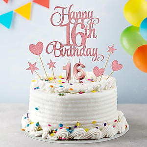 Lecferrarc 16th Birthday Cake Decorations, 16th Birthday Candles Cake Numeral Candles and Glitter Happy 16th Birthday Cake Toppers Set for Birthday Party Supplies (Rose Gold)