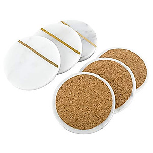 HighFree 6 Pack Absorbent Marble Coasters with Gold Brass Inlay, Handcrafted White Marble Coasters for Coffee Table Drinks/Bar Glasses, 4 Inches