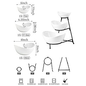 Miamolo Triple Ceramic Serving Bowl Set with Stand - White Serving Tiered Stand,Set of 3 Oval Bowl Set Perfect for Table Decoration Set Party Chip Rack Display Salad Bar Serving Set - Black Stand