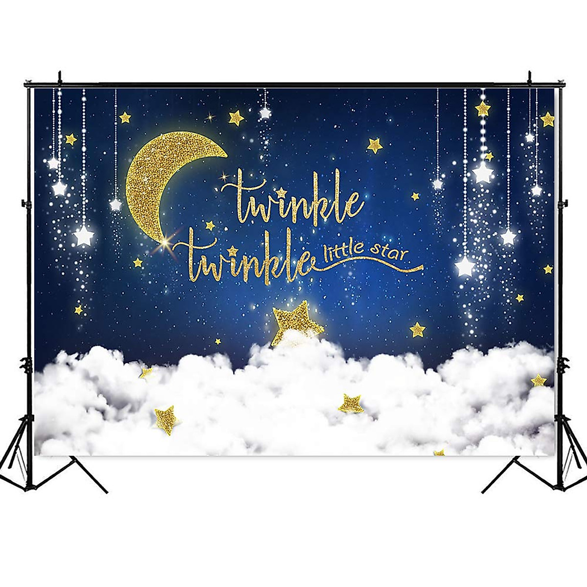 Avezano Twinkle Twinkle Little Star Backdrop, Navy Blue White Clouds Baby Shower Party Decorations 7x5ft Vinyl Gold Moon Glitter Stars Baby Shower Party Banner Photography Background