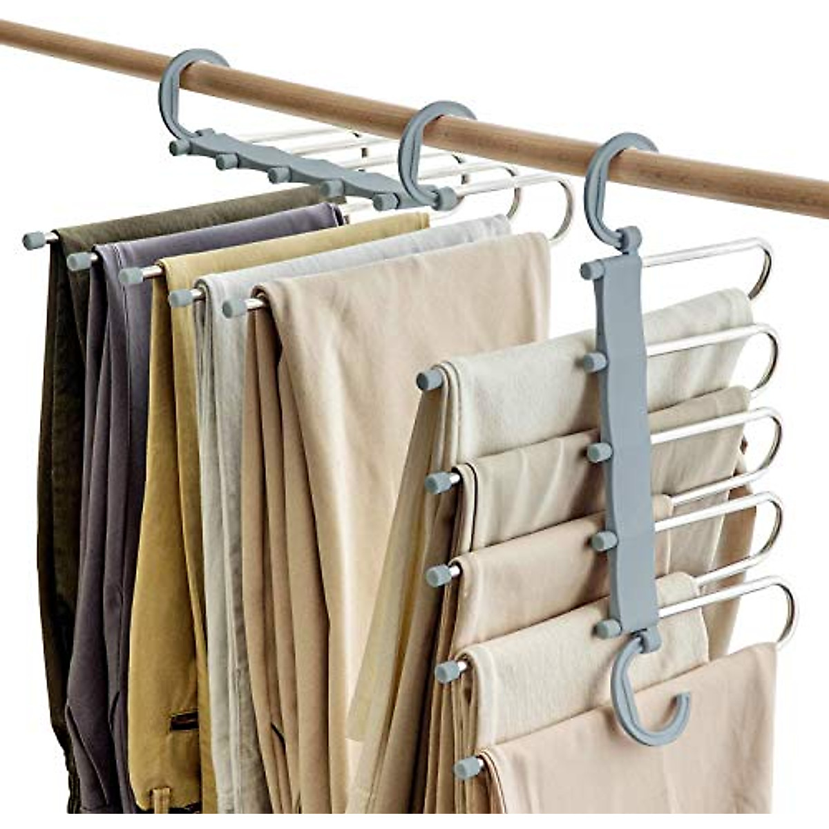 SOSOPIN 2 Pack Pants Hangers Space Saving Non-Slip Clothes Organizer 5 Layered Pants Rack for Scarf Jeans (Grey, 6 Pcs)