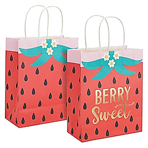 Sparkle and Bash Strawberry Gift Bags with Handles for Berry Sweet Birthday Party Favors (10 x 8 x 4 In, 24 Pack)