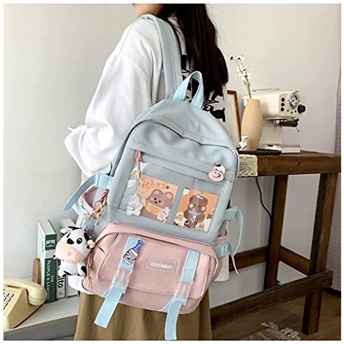 LIEEI Kawaii Backpack with Cute Pins and Plush Pendant for Teen Girls School Large Capacity Waterproof School Bag Bookbag