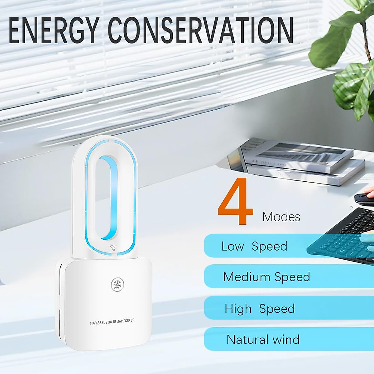 Bladeless Desk Fan USB Small Rechargeable Fan Quiet Office Fan 12 Inch 4 Speeds Touch Control Easy to Clean Desk Fan Small Quiet Ideal for Home Office Travel