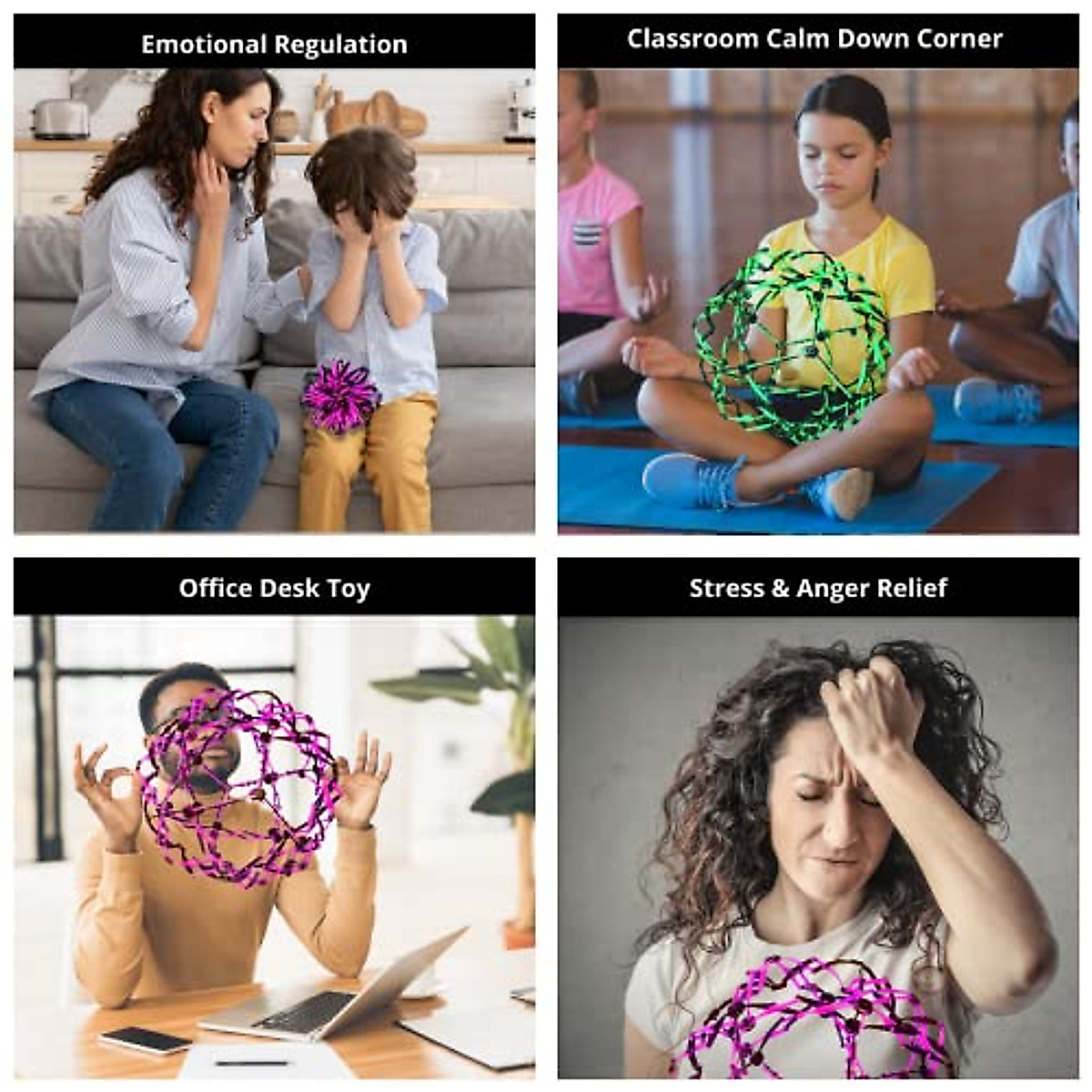 4E's Novelty 3 Pack Expandable Breathing Ball Sphere Toy - Expanding Stress Relief Breathing Ball Toys for Kids & Adults - for Anxiety, Yoga, Deep Breathing, ADHD - Neon Blue, Pink, & Green