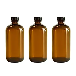 GPK4ALL 16oz 473ml Amber Boston Round Bottle with 28-400 Black Poly cone Phenolic caps, pack of 3