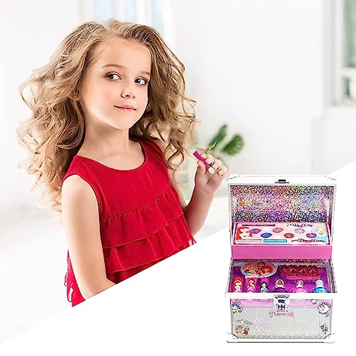 Disney Princess Train Case Girls Beauty Set, Kids Makeup Kit for Girls, Real Washable Toy Makeup Set, Play Makeup, Pretend Play, Party Favor, Birthday, Toys Ages 3 4 5 6 7 8 9 10 11 12