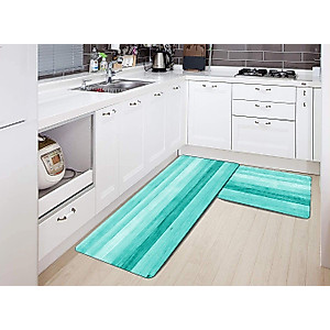 TOMWISH Teal Kitchen Rugs Turquoise Kitchen Mat Non Slip Kitchen Rug Teal Turquoise Green Painted 2 Pieces Kitchen Rug Set 17"X48"+17"X24" Outdoor Kitchen Rug Mat for Home Office Sink Laundry Desk