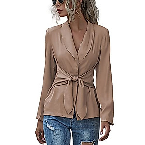 LYANER Women's V Neck Blazer Jacket Self Tie Knot Long Sleeve Elegant Workwear Blouse Khaki Small