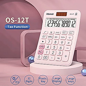 Pocket Small Size Desk Calculator, 12 Digit Large LCD Display, Basic Tax Function Handheld Desktop Calculator with Solar Battery Dual Power, Perfect for Office, School, Business OS-12T (Pink)