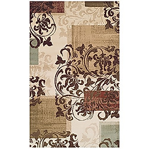Shakespeare Indoor Area Rug, Floral Scroll Design, Geometric Pattern, Soft, Elegant, Durable, Jute Backing, Mid-Century, Transitional, Modern, Beige, 5' x 8'