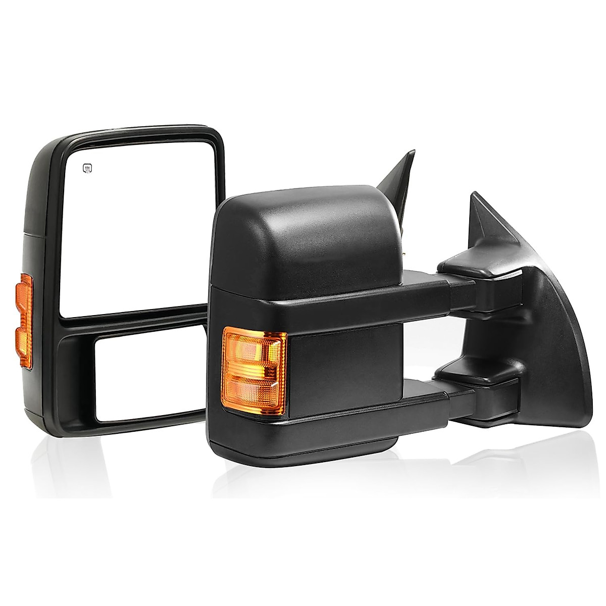 Towing Mirrors Left & Right Pair Set For 99-07 F-250 F-350 F-450 F-550 SUPER DUTY, 01-05 Excursion, POWER HEATED, W/AMBER SIGNAL Light, BLACK Mirror LH RH Driver Passenger Door Replacement