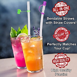 Bendable Straws with Straw Covers Cap - 11 inch Long Flexible Straws - Bendy Drinking Straws Reusable with Covers Cap Assorted Colors - 14 Pack