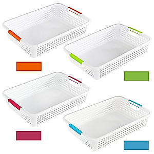 Lawei 8 Pack Large Plastic Sorage Basket with Handle - 15 x 10 x 3 Inch Pantry Organizer Basket Bins Desktop Paper Storage Basket for Organization, Countertops, Cabinets, Bedrooms, Bathrooms