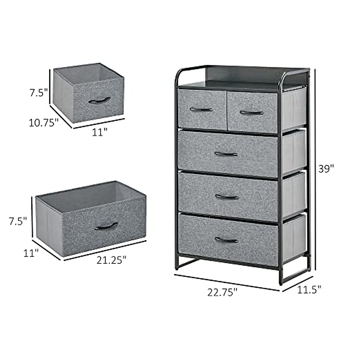 HOMCOM 5-Drawer Fabric Dresser Tower, 4-Tier Storage Organizer with Steel Frame for Hallway, Bedroom and Closet, Grey