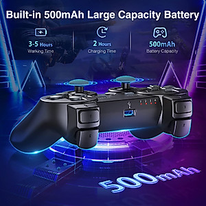 Powerextra Wireless Controller for PS3, 2 Pack High Performance Gaming Controller with Upgraded Joystick Double Shock for Play-Station 3 (Black and Blue)