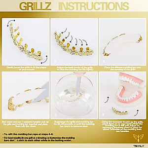 Gold Grillz Teeth Set Best gift for Son-New Custom Fit 14k Plated Gold Diamonds Grillz - Excellent Cut for All Types of Teeth–6pcs Top and Bottom Grill Set - Hip Hop Bling Grillz