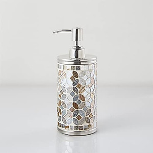 Madison Park Tesera Glass Bathroom Accessory Set, Stainless Steel Top, Handcrafted Mosaic Tiles, Vanity Décor, Lotion / Soap Dispenser with Pump, Tumbler, Covered Jar, Multi-Sizes, Silver/Gold 3 Piece
