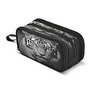 Lotupokon Vintage White Tiger Black Pencil Case Zipper Pen Bag Large Capacity Pencil Pouch Pencil Box Purse Organizer Pouches for Boys Kids Girls Students School Office College Supplies Gifts