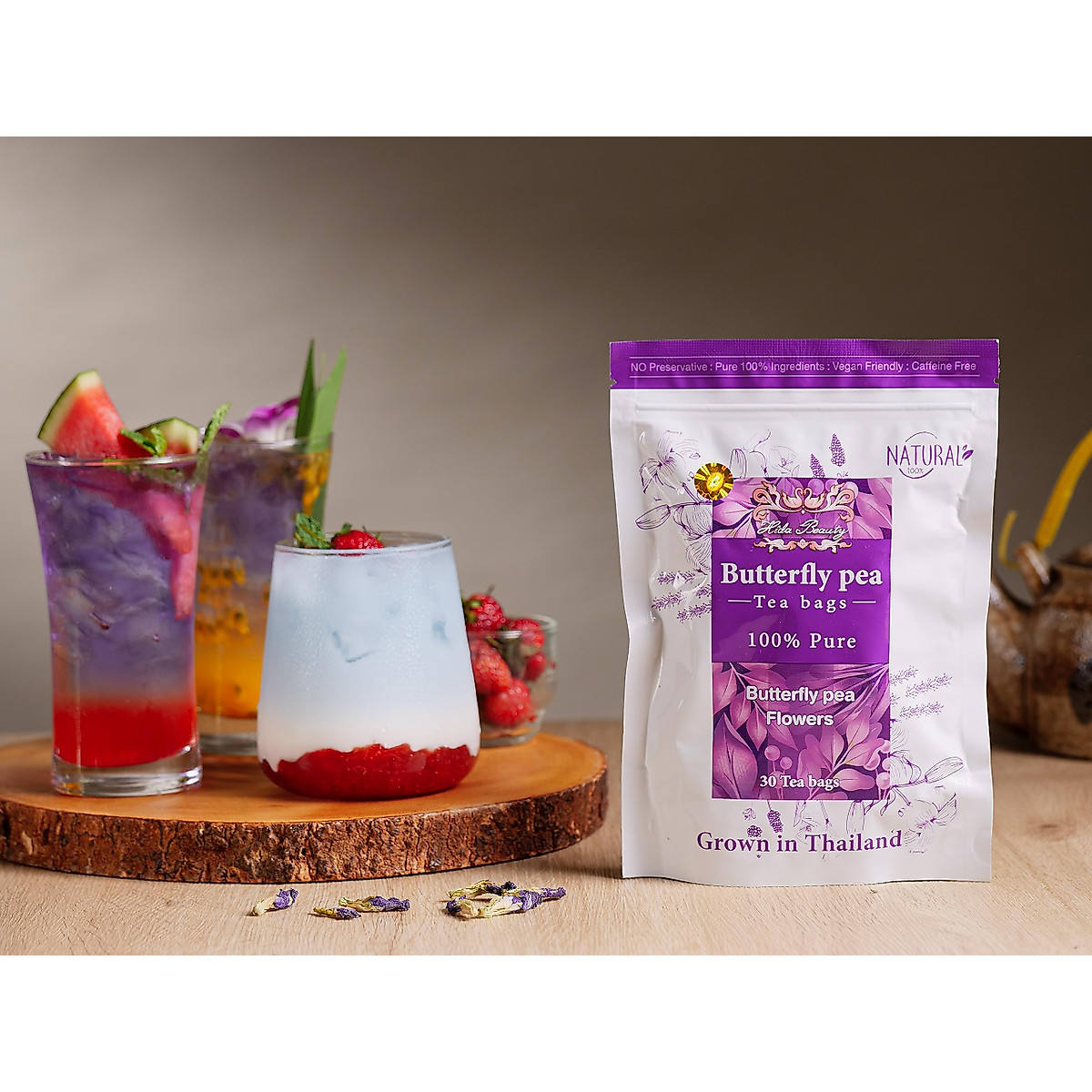 Hida Beauty Dried Butterfly pea flower tea 30 Tea bags Herbal Blue Natural Pure colors for drinks hot cool purple violet funness party food bakery pasta cocktail rice