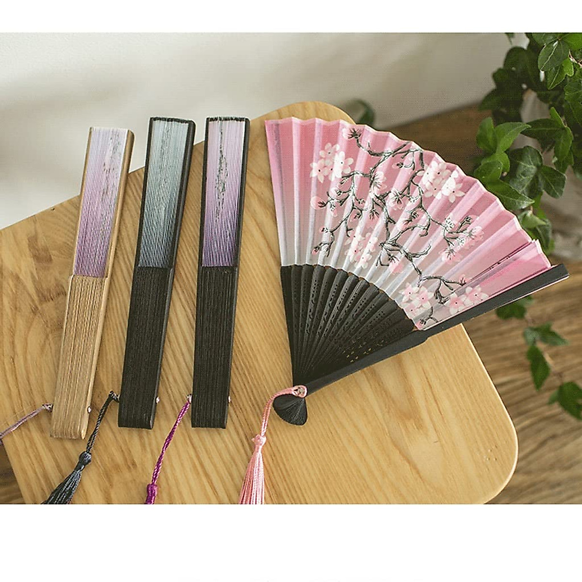 Folding Hand Fan for Women Hand Held Silk Folding Fans with Bamboo Foldable Chinese Japanese Vintage Fan Purple Sakura