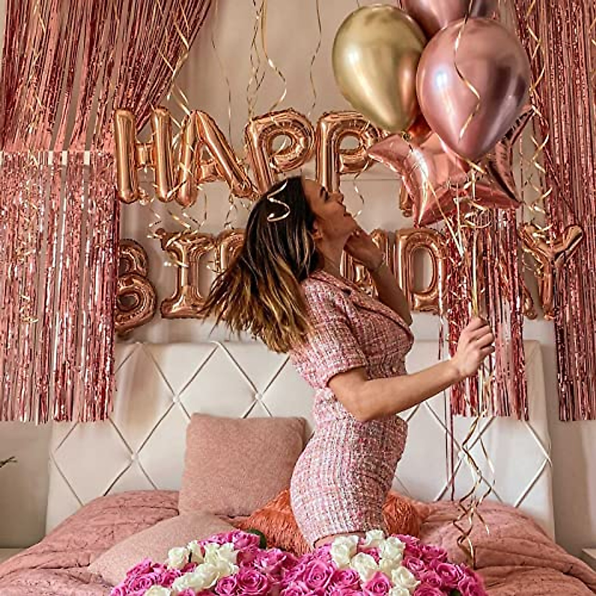 PartyWoo Rose Gold Foil Curtain, 2 pcs 3.3x8.2 ft Rose Gold Sreamers, Tinsel Curtains, Backdrop Curtain, Foil Fringe Curtains for Birthday Decorations, Wedding Bride Bachelorette Party Hen Party
