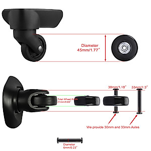 OwnMy 45mm x 18mm Luggage Wheels Replacements Set of 4 Mute Suitcase Replacement Wheels with Black Screws Axles Bearings, Rotatable Rubber Luggage Replacement Wheels Silent Suitcase Swivel Wheels Kit