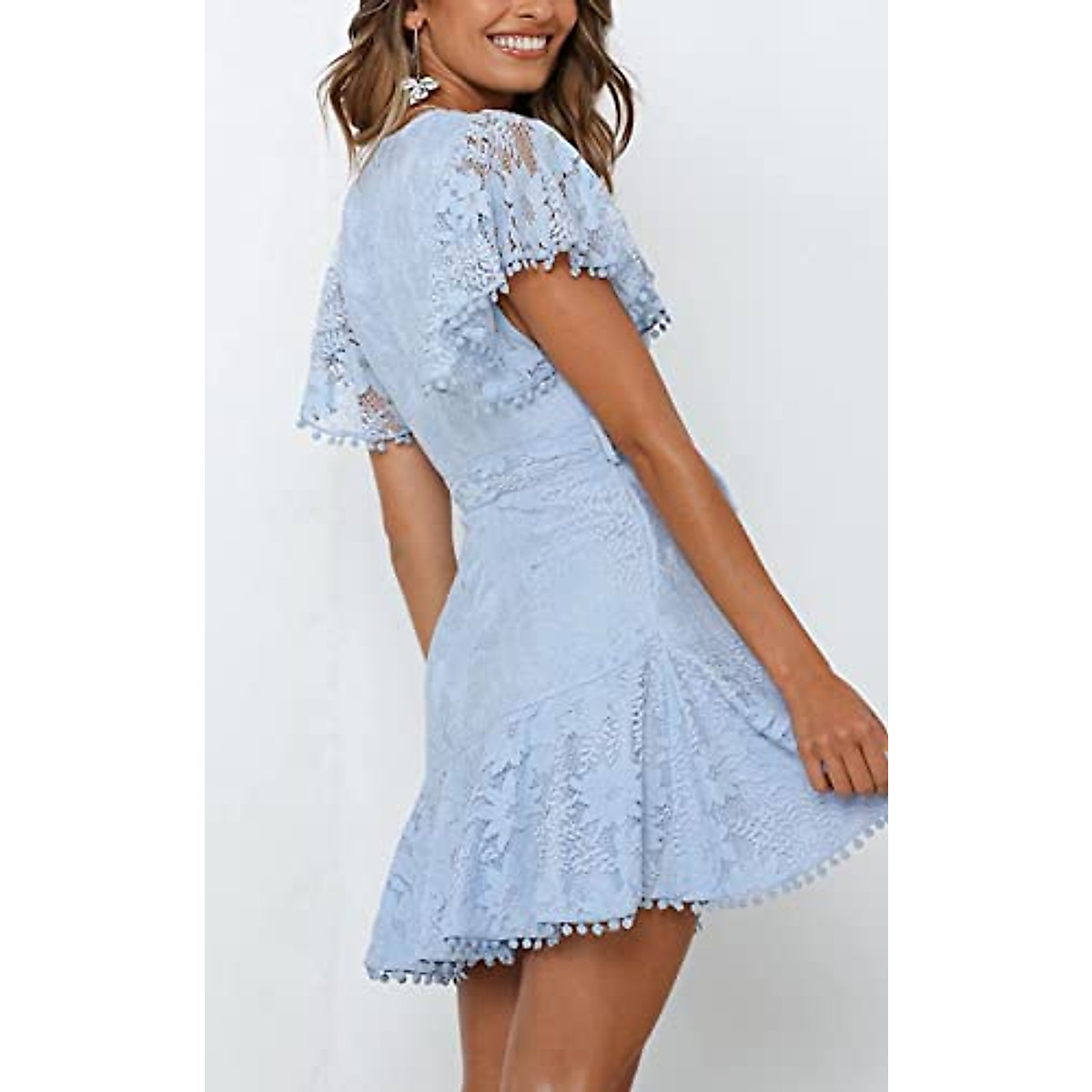 Women's Flower Lace Tie Front Wrap Mini Dress- Deep V Neck Floral Ruffle Sleeves Hem Short Skater Dresses for Bridal Shower Baby Blue