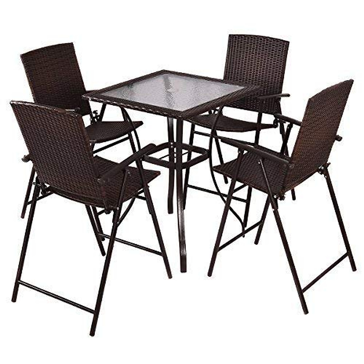 Tangkula 5 Pieces Patio Dining Set, 4 Folding Wicker Sling Chairs and Square Glass Top Table Set, with Umbrella Hole, Suitable for Apartment Balcony, Lawn, Garden and Poolside