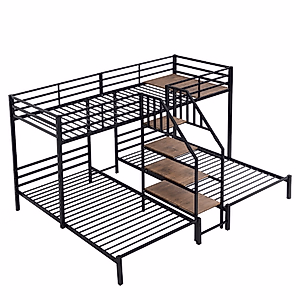 BIADNBZ Twin Size Triple Bunk Bed for 3 Kids Teens, Metal L-Shaped BunkBed with Stairs and Built-in Storage Shelves, for Bedroom Guest Room, Black