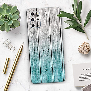 DesignSkinz Trendy Teal to White Aged Wood Planks Protective Vinyl Decal Wrap Skin Cover Compatible with The Samsung Galaxy S20 (Screen Trim & Back Glass Skin)
