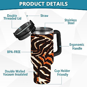 Yasala Car Tumbler with Handle Brown Orange Zebra Print Travel Mug Coffee Cup Insulated Beverage Container Mega Cup for Hot Cold Drinking Thermos Water Bottle Cupholder Friendly 40 oz