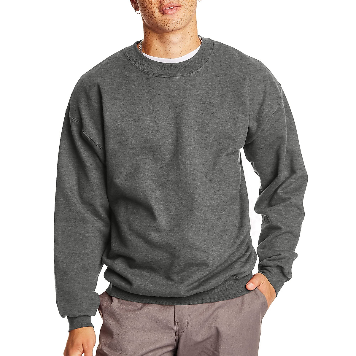 Hanes Men's Spread neck Ultimate Cotton Heavyweight, Long Sleeve, Charcoal Heather, Medium