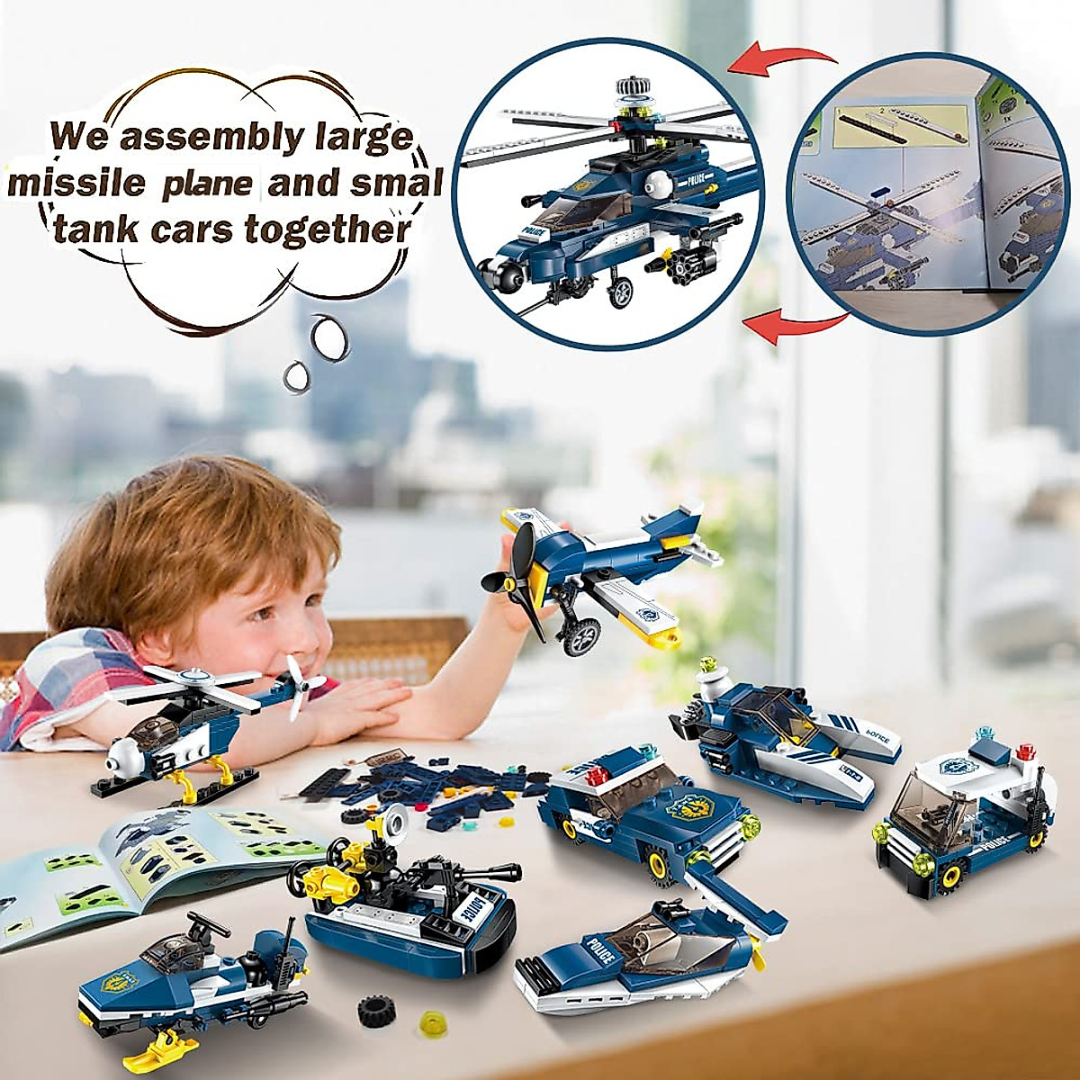 QMAN Building Blocks STEM Toy for Kids 8-in-1 City Police Helicopter Building Bricks Set Car Model Boat Building Toys for Boys and Girls Age 6+ Years Old (381 Pieces)