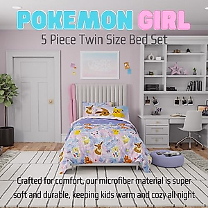 Franco Pokemon Girl Anime Kids Bedding Super Soft Comforter and Sheet Set with Sham, 5 Piece Twin Size, (Official Licensed Product)