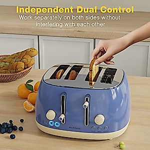 Anfilank Toaster 4 Slice,Retro Stainless Steel Toaster with Extra Wide Slots Cancel, Bagel, Defrost Function, Dual Independent Control Panel, Removable Crumb Tray, 6 Shade Settings and High Lift Lever, Blue, Large Size