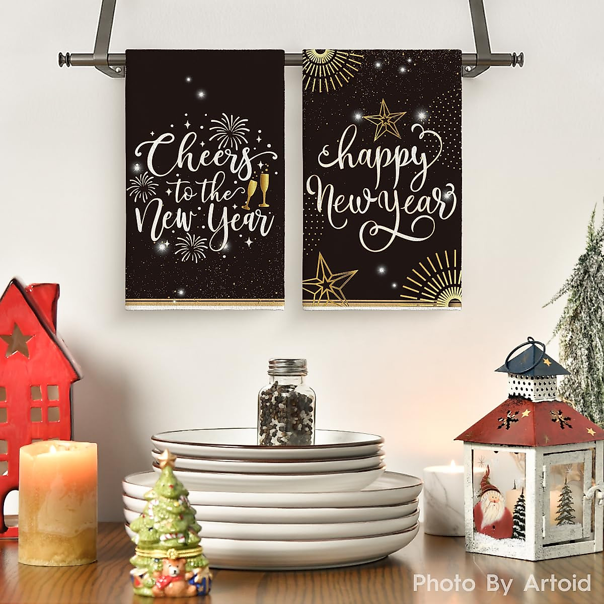 Artoid Mode Cheers Stars Firework Happy New Year Kitchen Towels Dish Towels, 18x26 Inch Festival Decoration Hand Towels Set of 2