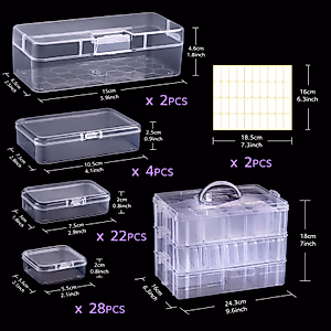 Funtopia Bead Organizers and Storage, 56 Pcs Small Plastic Containers with Lids and 3-Tier Stackable Storage Box, Mini Clear Organizers for Jewelry Toys Craft Storage (4 Sizes)