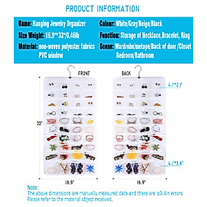 AARAINBOW Hanging Jewelry Organizer Dual-Sided Closet Accesoory Organizer with 80 Pockets Jewelry Hanger for Earrings, Necklaces, Rings on Closet, Wall, Door (White)