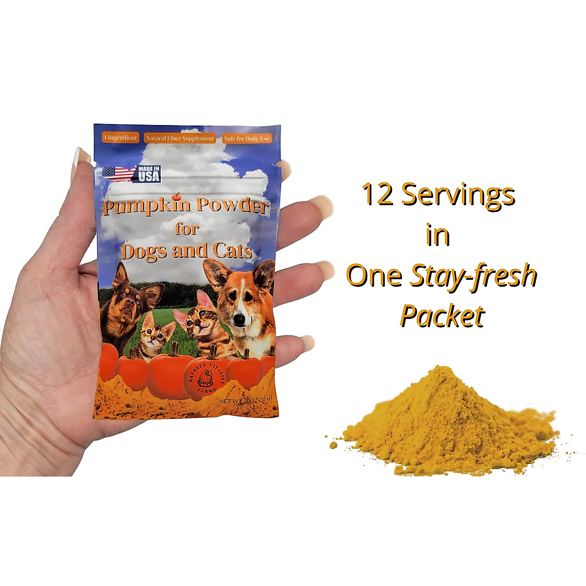 100% Pumpkin for Dogs/Cats, U.S.A. Dried Pumpkin Powder Fiber Supplement, Diarrhea/Constipation Fix, 12 Servings, Trial Packet