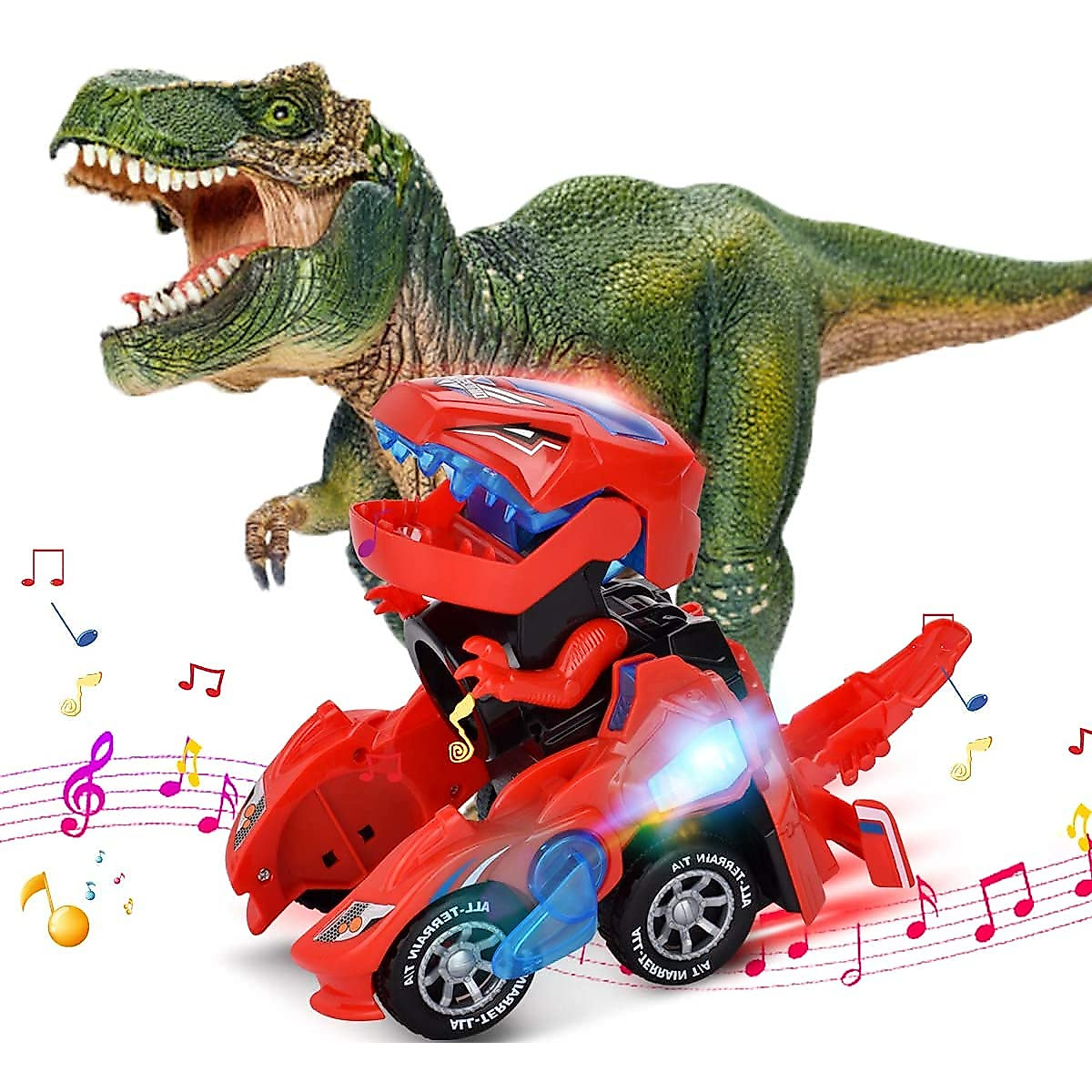 INLAIER Transforming Dinosaur Toys, 2 in 1 Automatic Transforming Dinosaur Car with LED Light and Music Transform Dino Car for Kids Christmas Birthday Gifts (Red)