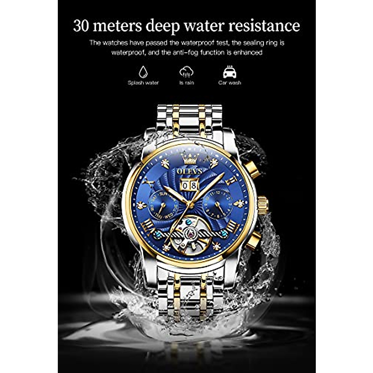 OLEVS Men Automatic Watch Skeleton 5 Hands Mechanical Blue Classic Luxury Multi Calendar Stainless Steel Waterproof Wrist for