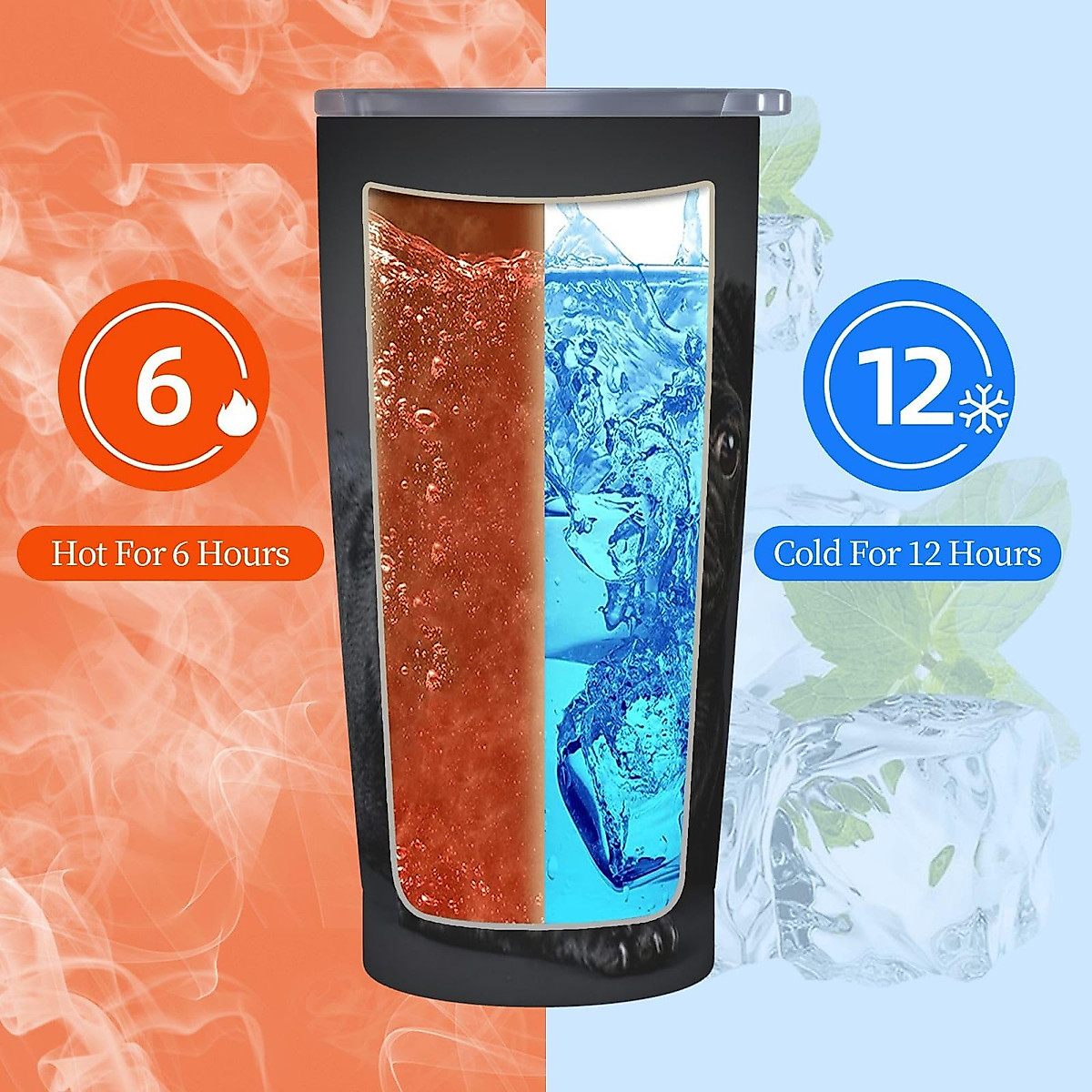 Black pug 20oz Tumbler Stainless Steel Vacuum Insulated Double Wall Travel Tumbler, Durable Insulated Coffee Mug, Thermal Cup With Lid and Straw for Hot & Cold Drinks