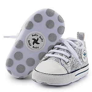 Baby Girls Boys Shoes Soft Anti-Slip Sole Newborn First Walkers Star High Top Canvas Denim Unisex Infant Sneaker (B01-sequins Sliver, 0-6 Months)