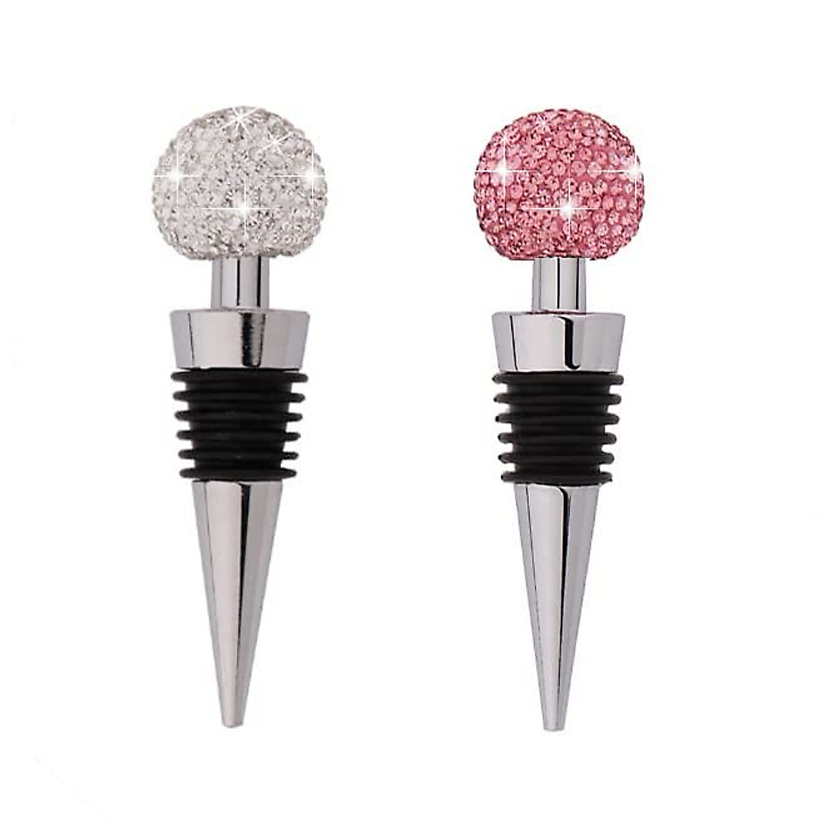 2 pack GSRYPC Bling Bling Decorative Crystal Diamond Wine Stopper ,Zinc Alloy Silicone Crystal Wine Toppers Stopper Wine Set Accessories For Gifts, Bar, Holiday Party, Wedding（Silver+pink)