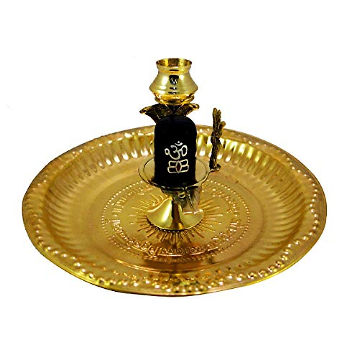 Crafting Bear Shaligram Shiva Ling Lingam Statue Marble Stone Snake Trishul Set Brass Stand with Decorative Pooja Thali for Home Temple Decor, 8 cm