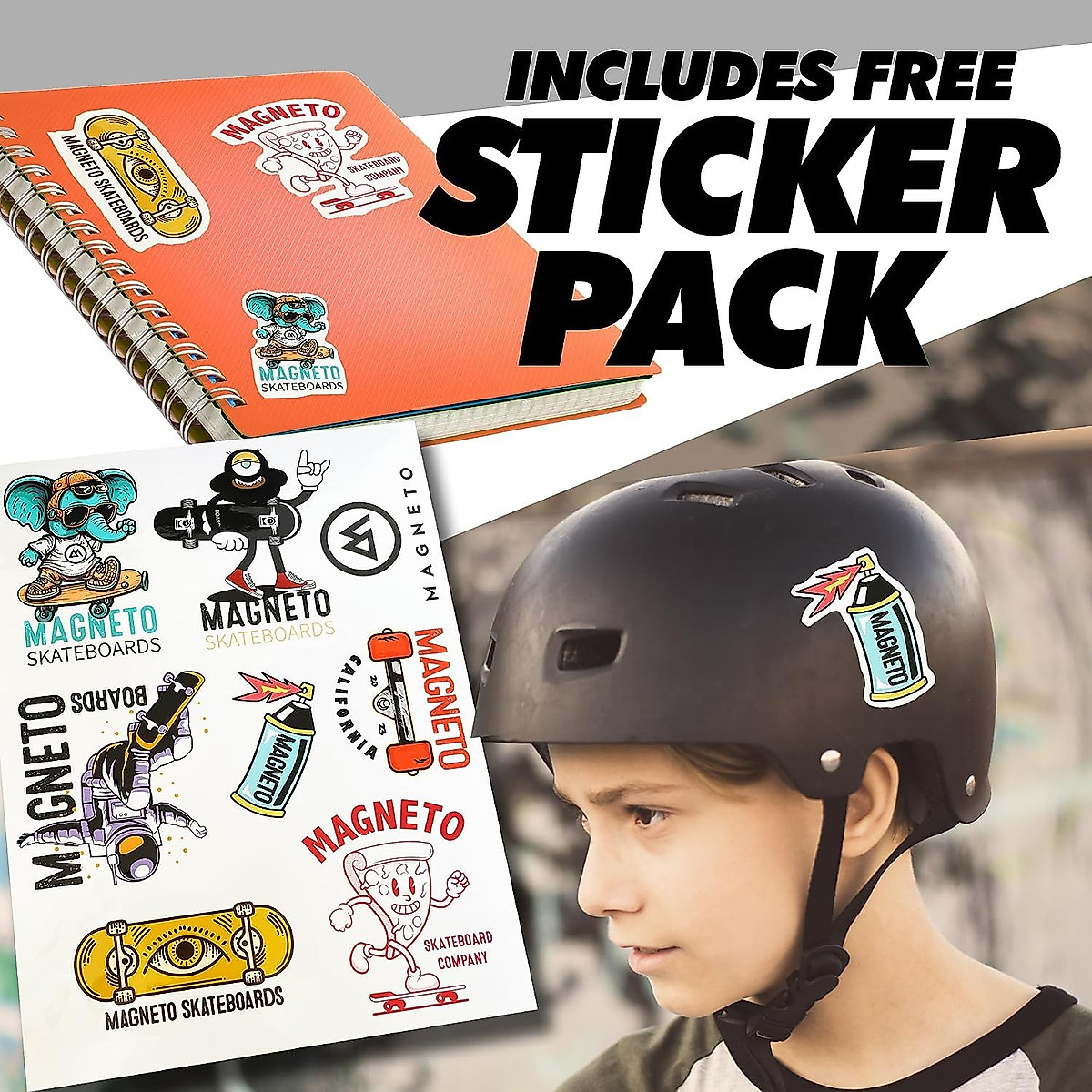 Magneto Complete Skateboard | Maple Wood | ABEC 5 Bearings | Double Kick Concave Deck | Kids Skateboard Cruiser Skateboard | Skateboards for Beginners, Teens & Adults (Free Stickers Included)